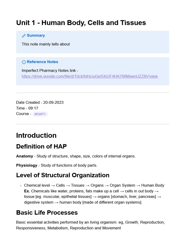 Unit 1 - Human Body, Cells and Tissues ? | PDF | Endoplasmic Reticulum | Cell Membrane