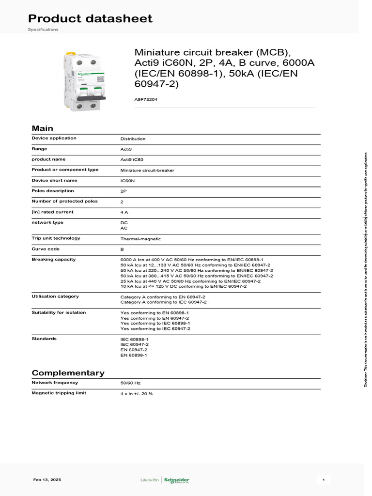 Acti9 iC60 2P MCB Datasheet | PDF | Electronic Engineering | Power Engineering