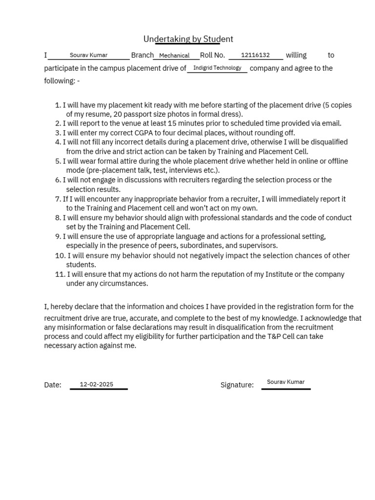 Student Placement Drive Participation Agreement | PDF