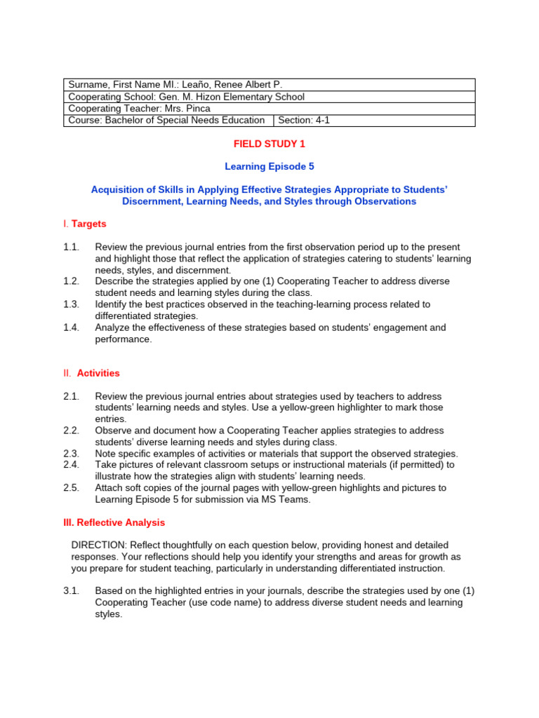 FS1 LE5 Teaching Strategies | PDF | Learning | Differentiated Instruction