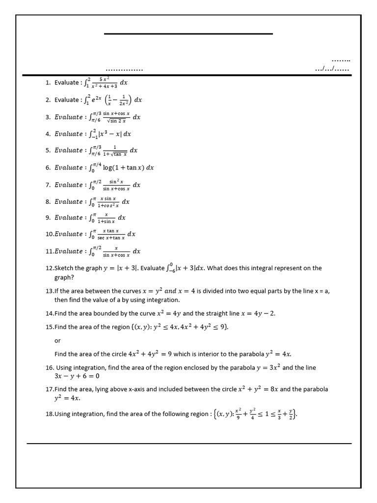 Class 12 Integration DPP Worksheet | PDF | Area | Mathematical Analysis