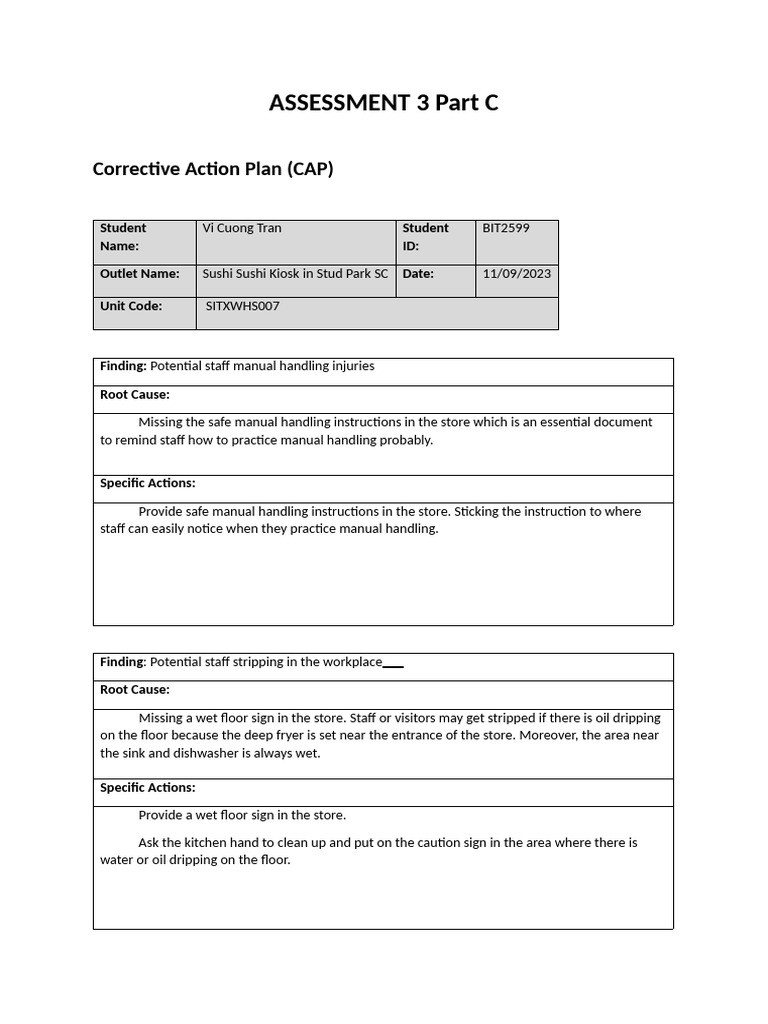 Assessment 3 Part C Corrective Action Plan | PDF