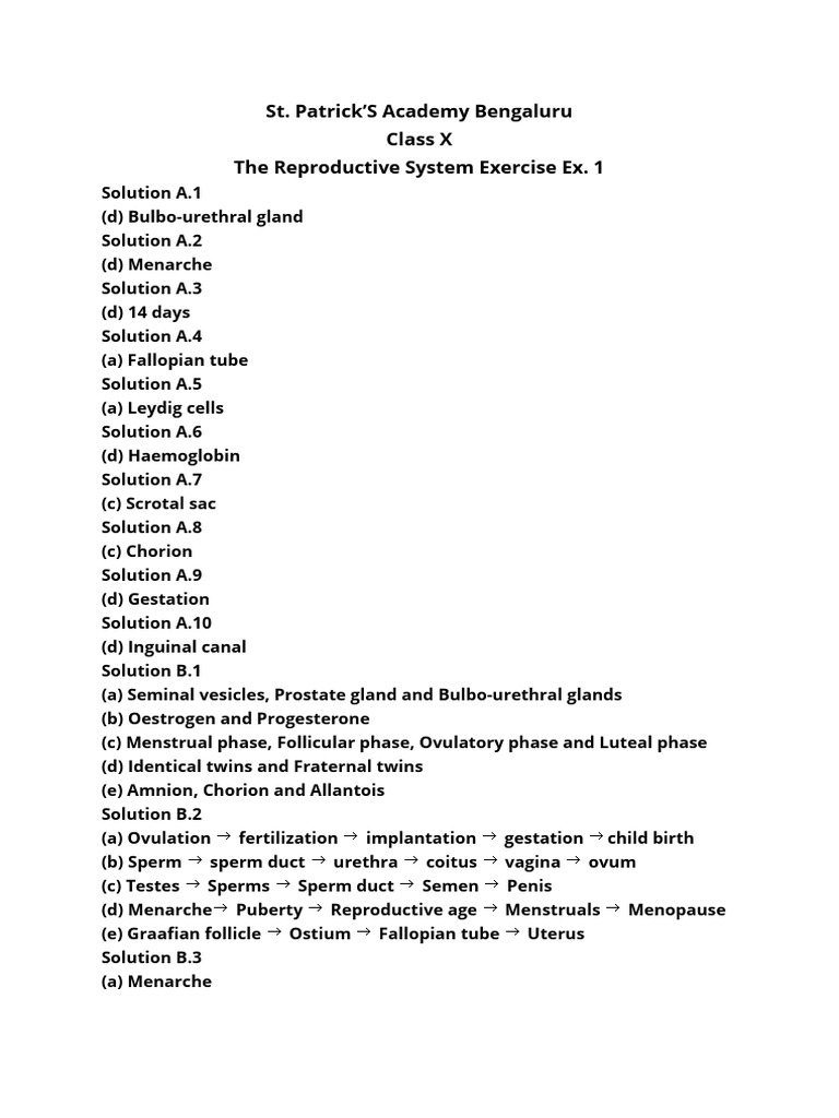 Class X Reproductive System Solutions | PDF | Testicle | Reproductive ...