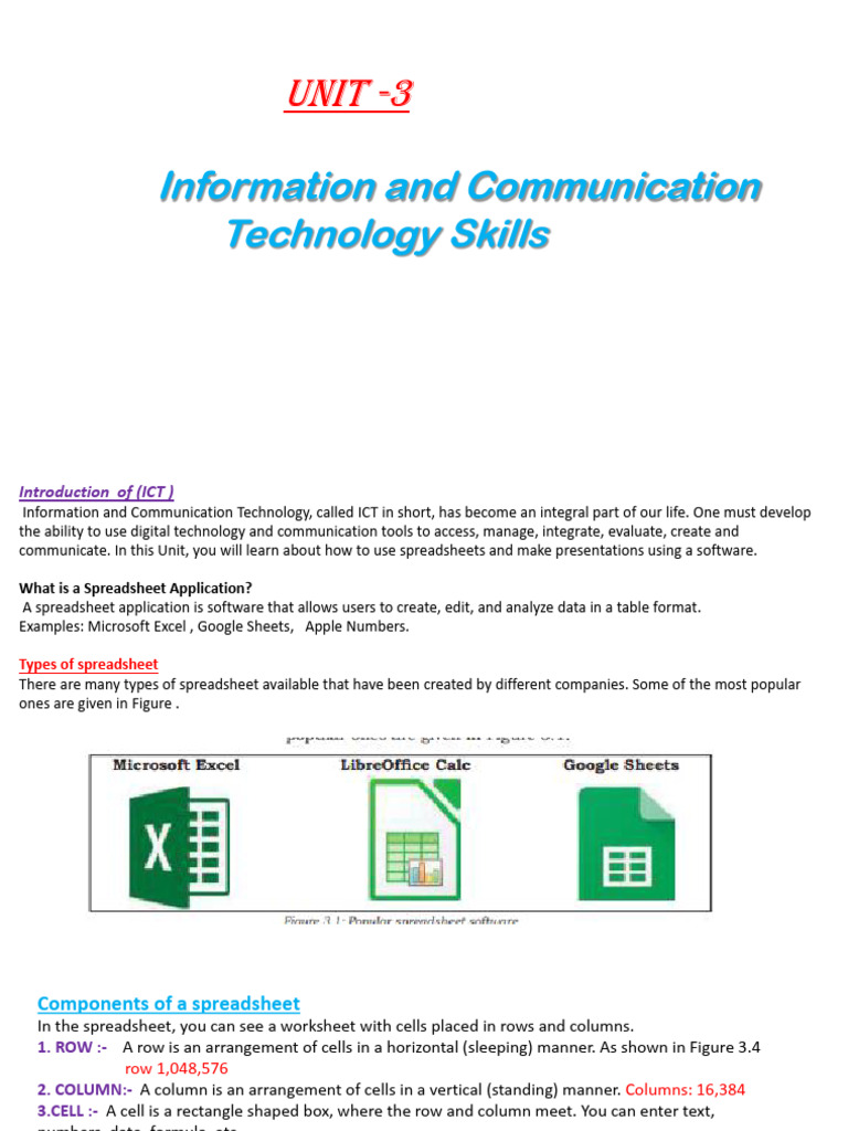 Unit 3 ICT (PDF) 12TH | PDF | Microsoft Excel | Spreadsheet