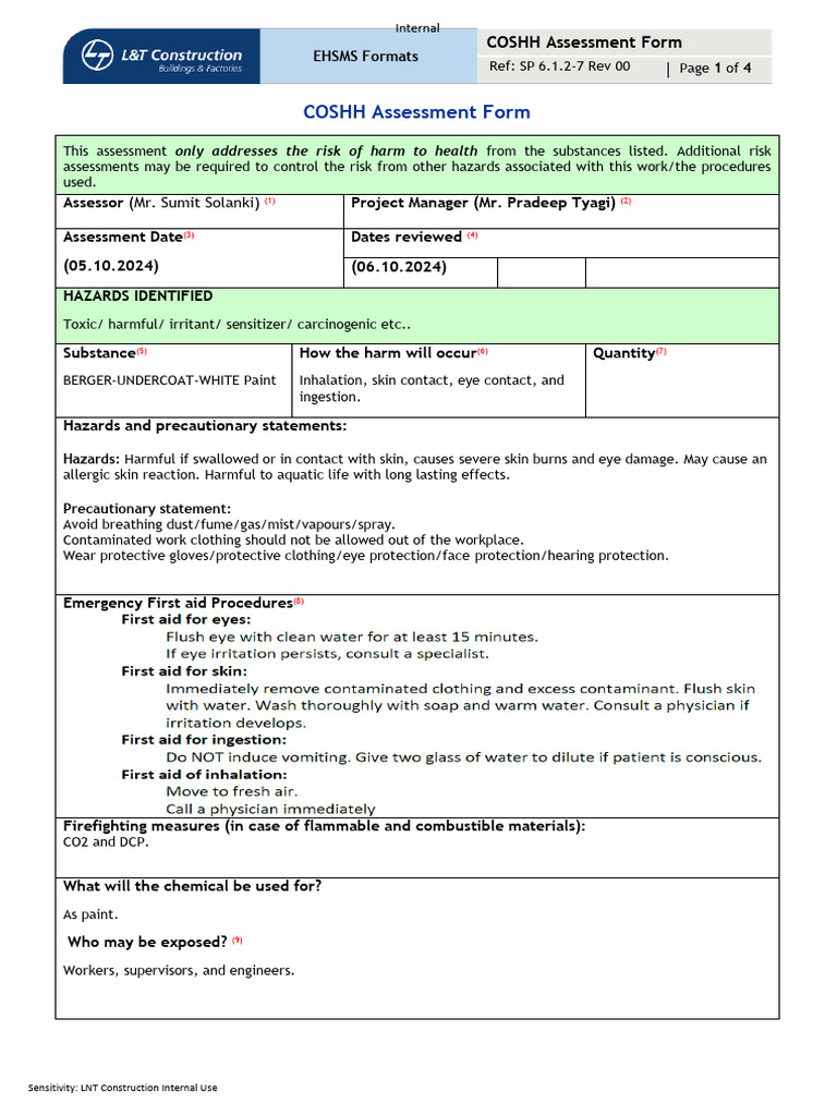 SP 6.1.2-7 COSHH-Assessment form-BERGER-UNDERCOAT-WHITE - Cleaned | PDF | Personal Protective ...