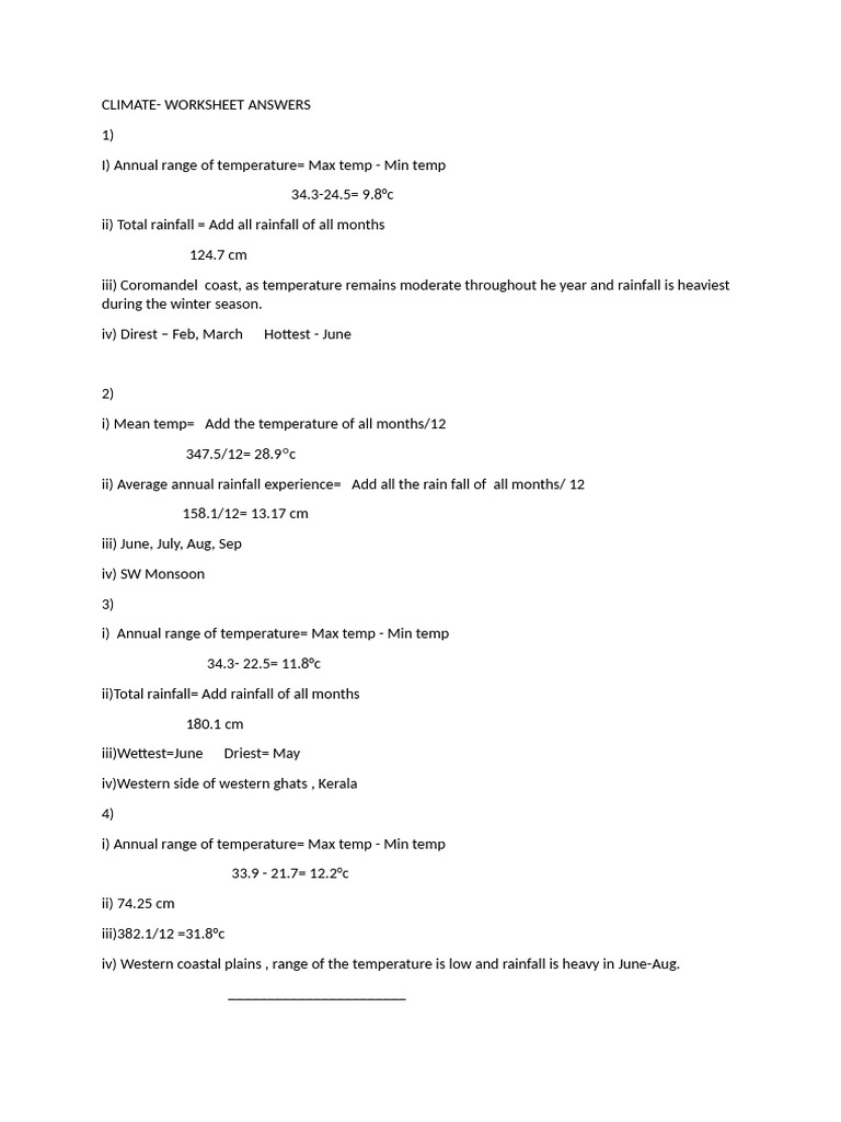 CLIMATE Work Sheet Answe Keys | PDF
