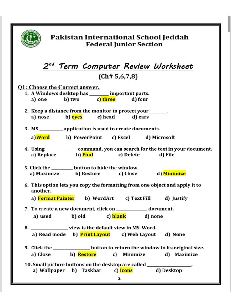 Computer Review Pack Ans. Key - 2nd Term | PDF