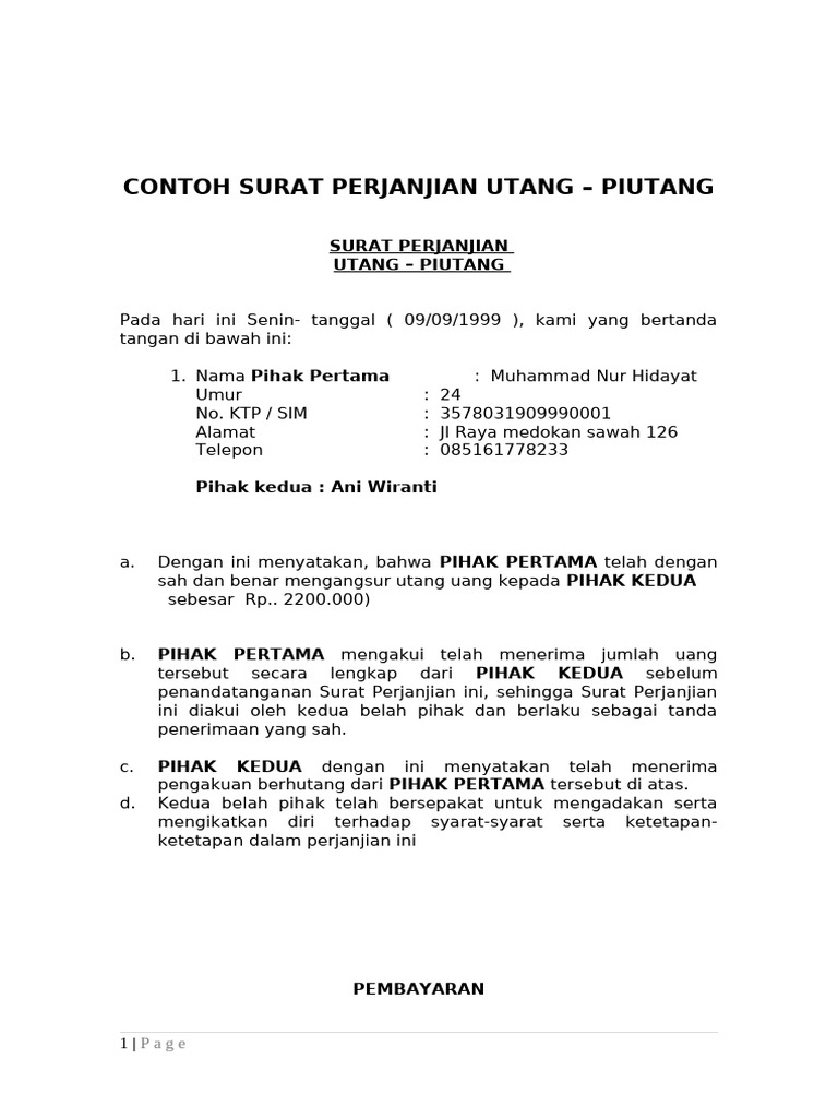 Contoh Surat Perjanjian Utang Piutang | PDF