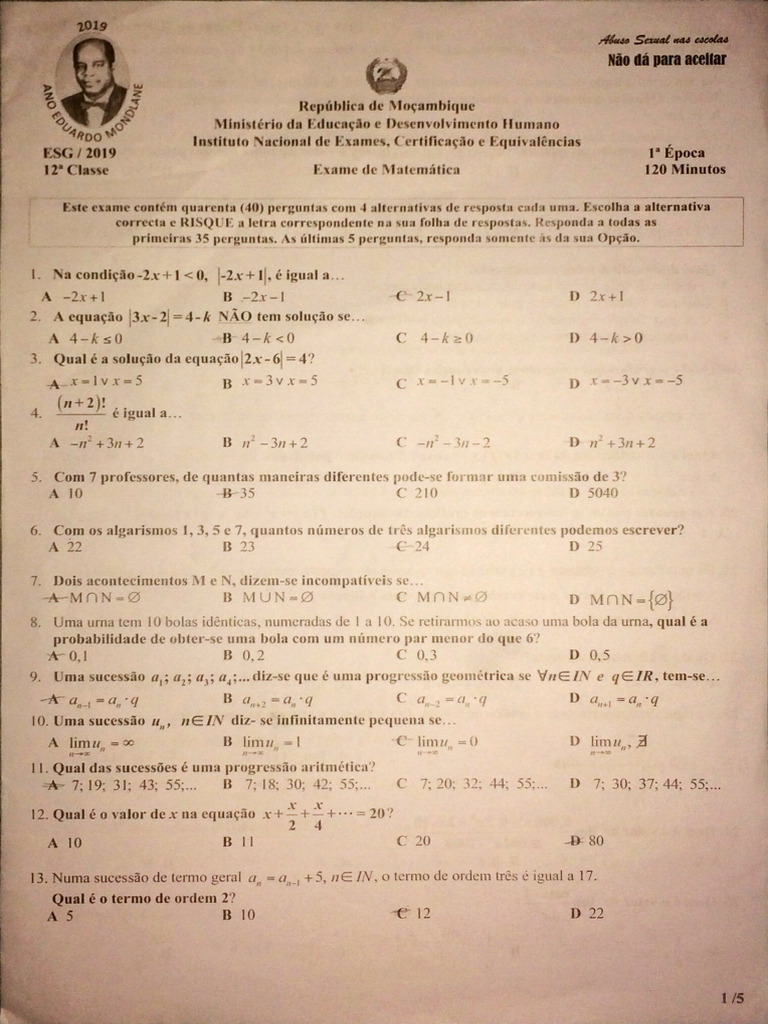 Matematica 12a Classe 2019-1a Epoca | PDF