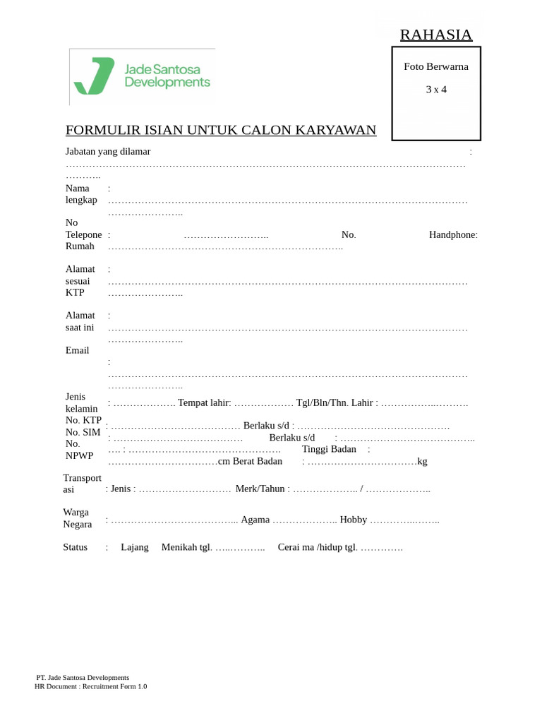 Formulir Rekrutmen Karyawan PT Jade Santosa | PDF