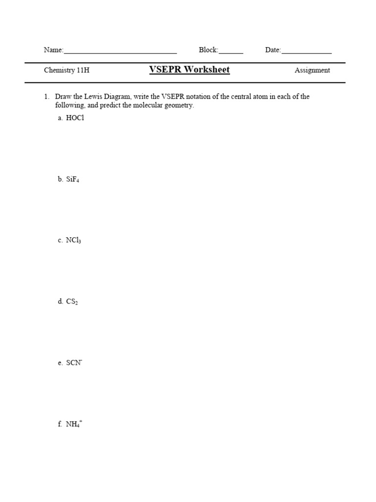 Worksheet - Vsepr | PDF