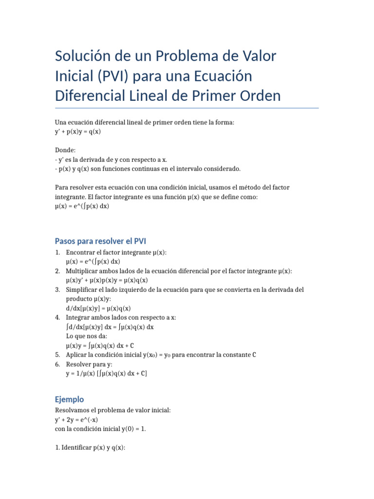 PVI Ecuacion Diferencial Lineal Primer Orden | PDF