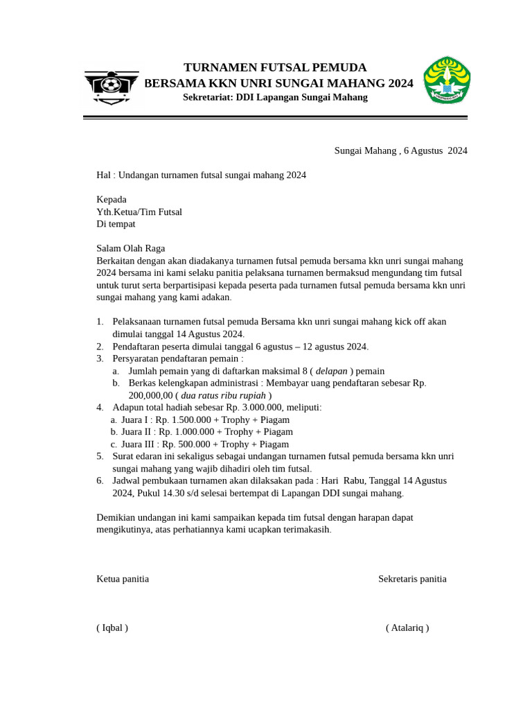 Undangan Turnamen Futsal 2024 | PDF