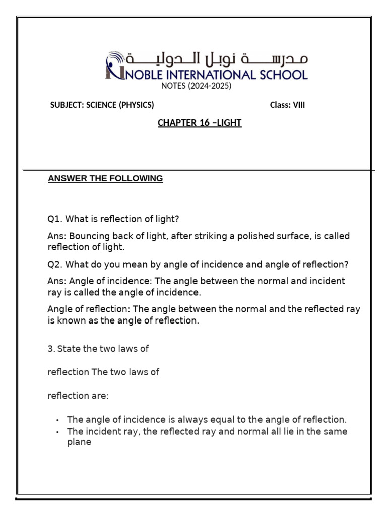 Physics Notes on Light for Class VIII | PDF | Eye | Reflection (Physics)