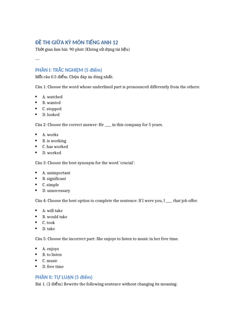De Thi Tieng Anh 12 | PDF