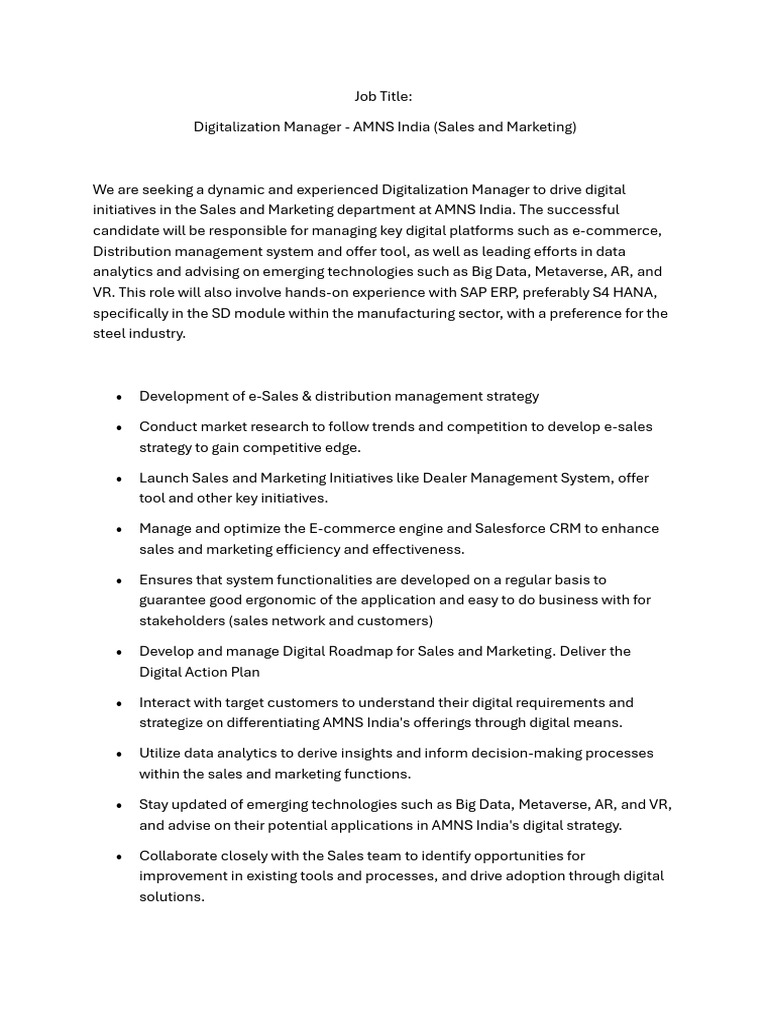 Digitalization Manager Role at AMNS India | PDF | Marketing | Customer ...