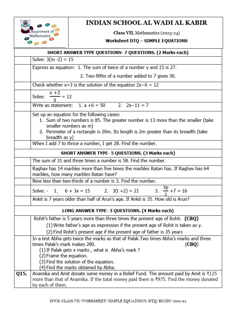 1728402-CL 7 - WS 1 - Simple Equations (DTQ) - Bindu - 2023-24 | PDF ...