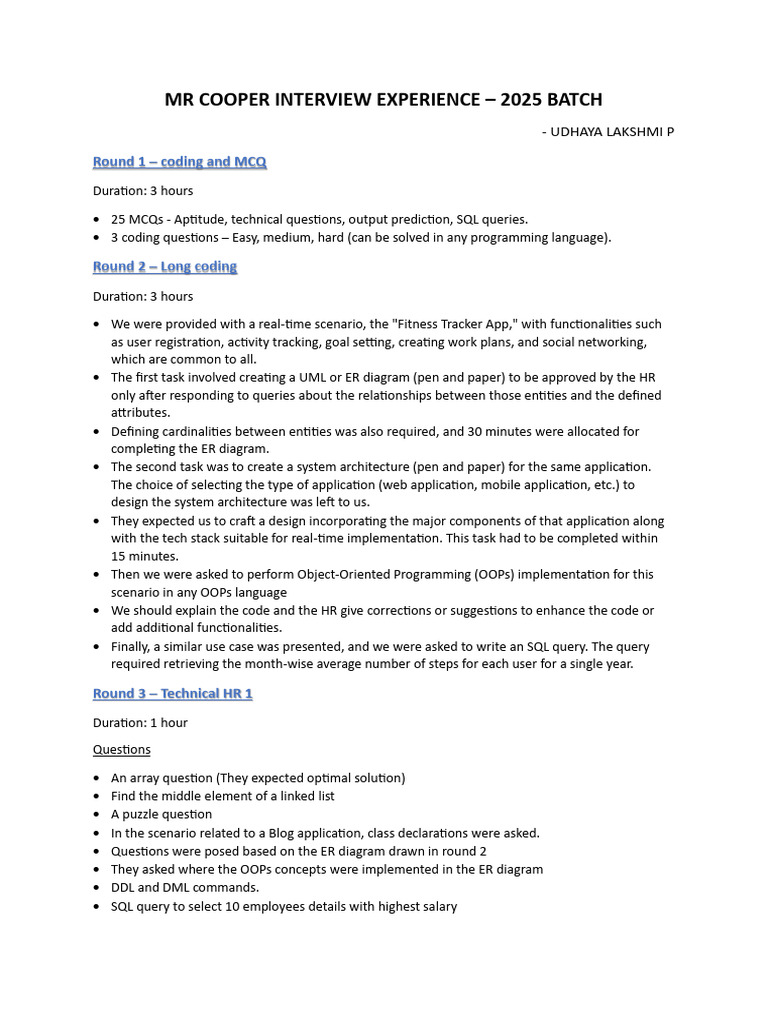 MR Cooper Interview Experience | PDF | Sql | Computer Programming