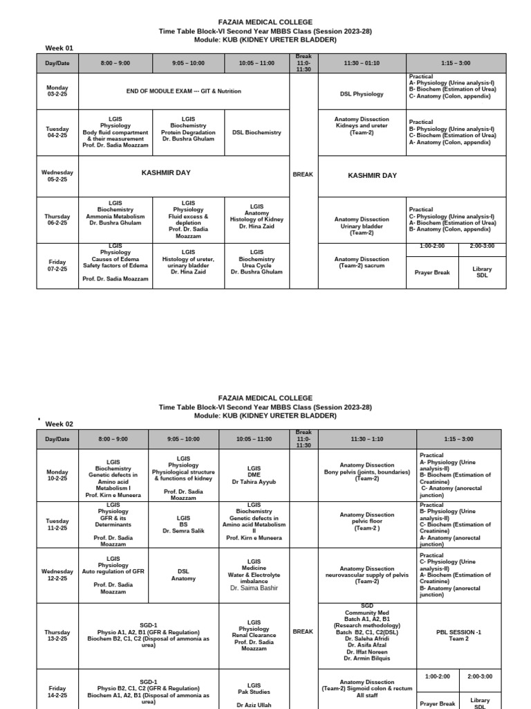 Time Table Block-VI Second Year MBBS Class (Session 2023-28) (Module - KUB) 30-01-2025 | PDF ...