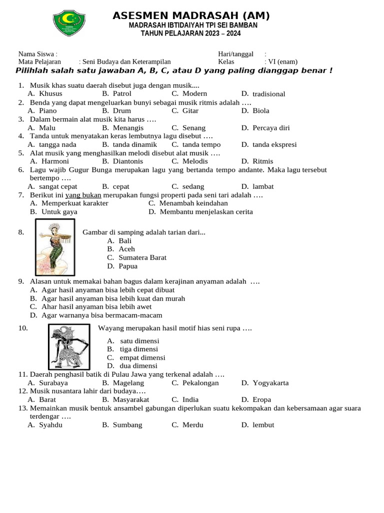 SOAL AM SBK KLS 6 2024 1 | PDF