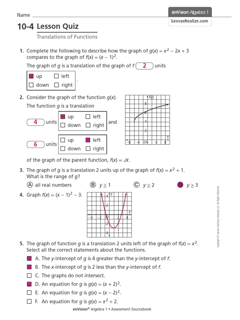 Answer Key_ 10-4_ Lesson Quiz | PDF | Mathematics | Algebra