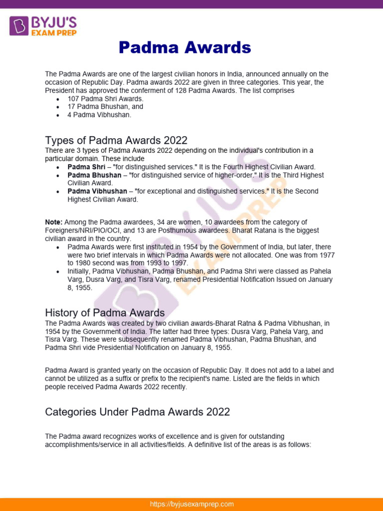 Padma Awards 2022 Overview and Winners | PDF