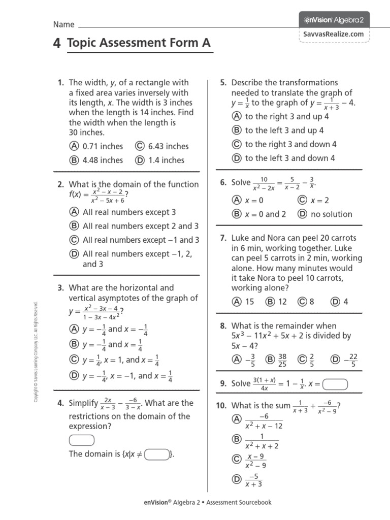 Printable - Topic 4 - Assessment Form A | PDF | Asymptote | Mathematics