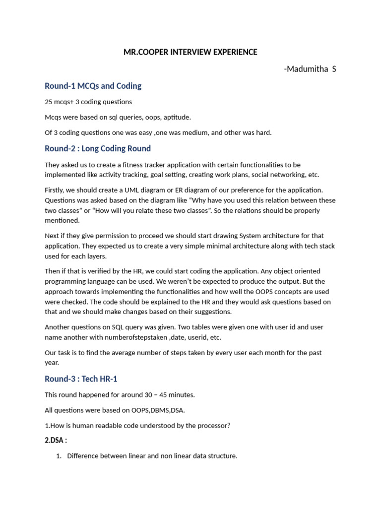 MR - Cooper Interview Questions | PDF | Programming Paradigms | Information Technology Management