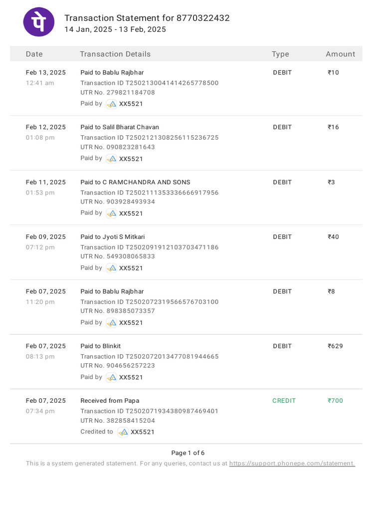 PhonePe Statement Jan2025 Feb2025 | PDF | Debit Card | Debits And Credits