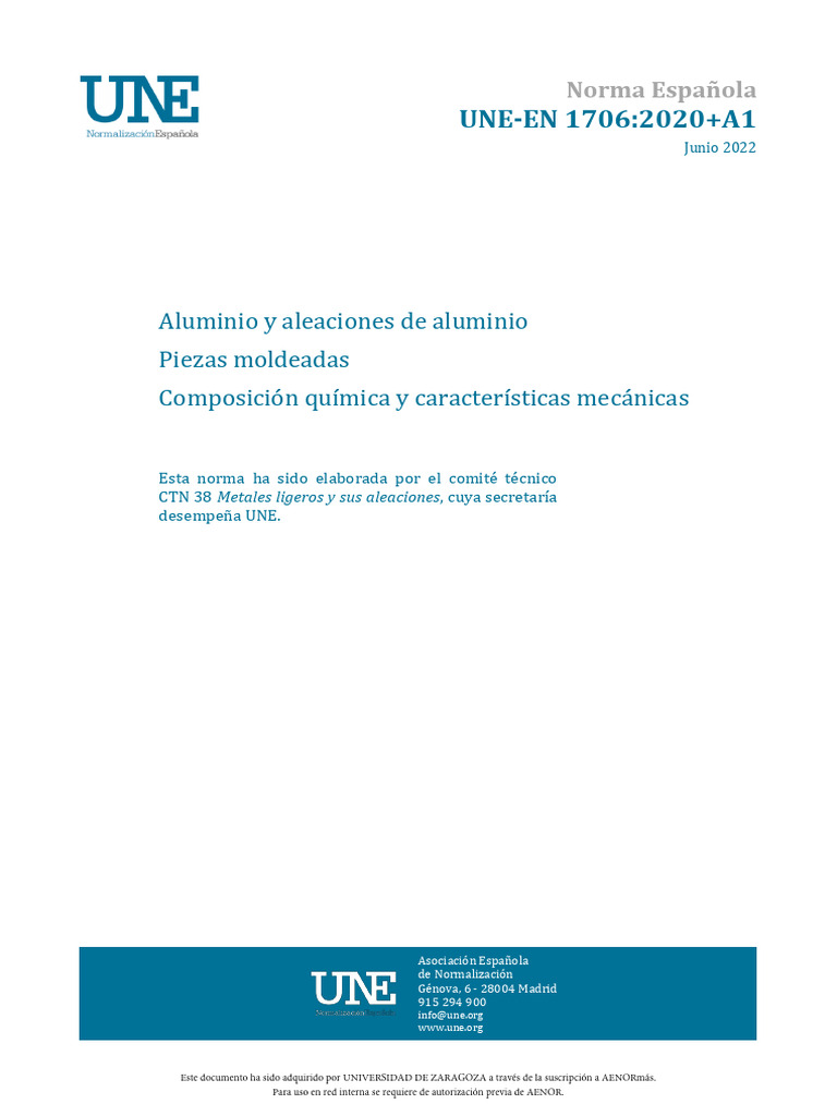 ALUMINIO Y ALEACIONES DE ALUMINIO_ UNE-EN 1706-2020+A1 | PDF | Tratamiento a base de calor ...