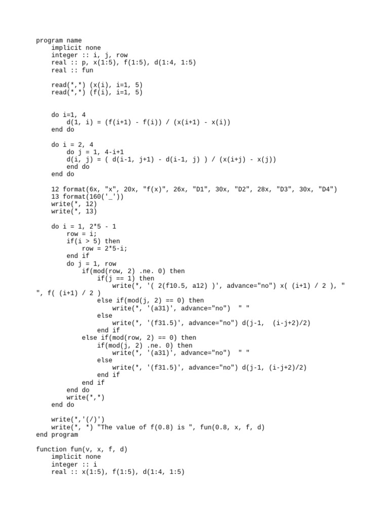 Fortran Program for Polynomial Interpolation | PDF