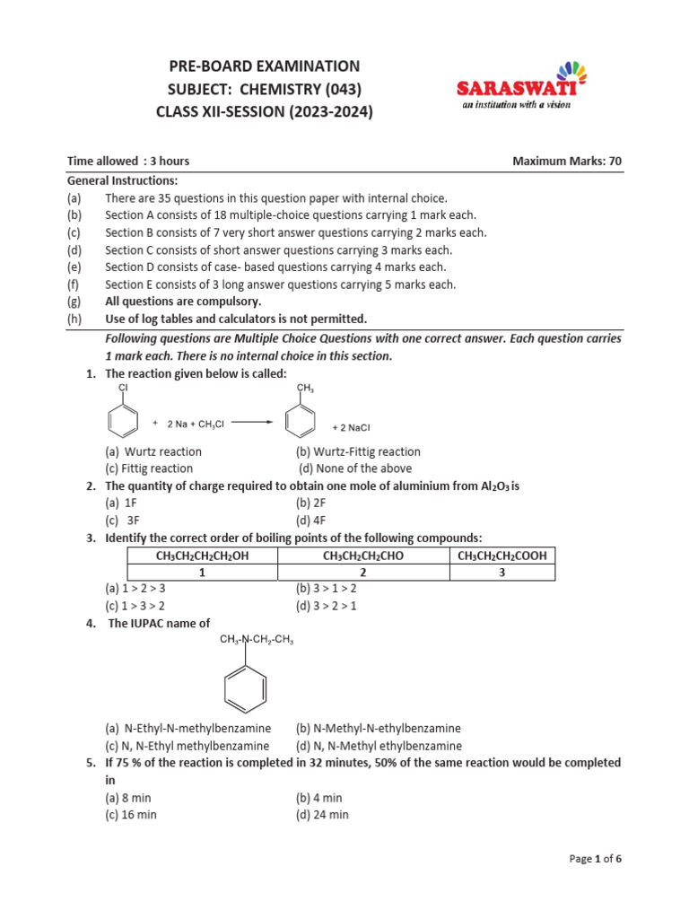 Class 12 Chemistry Set 2 Final | PDF | Chemistry | Chemical Reactions