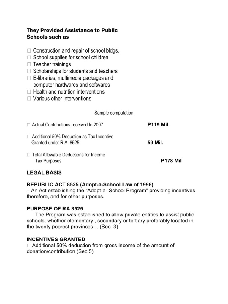 RA 8525: Adopt-a-School Program Overview | PDF | Taxation In The United ...