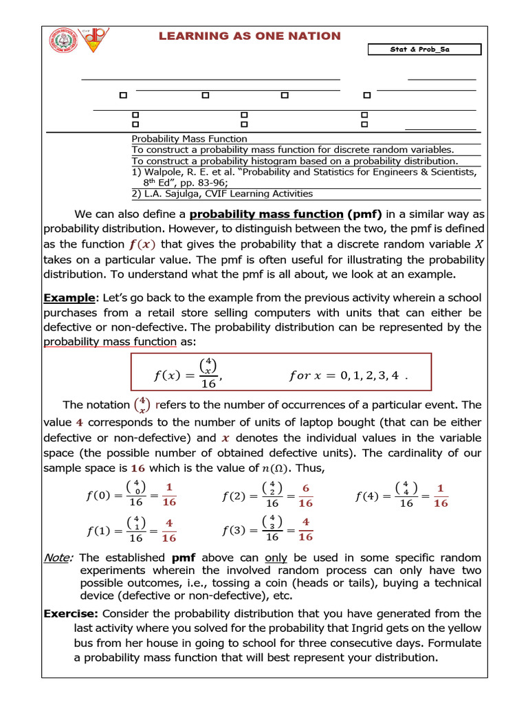Stat - Prob LAS 5a Probability Mass Function | PDF | Probability Distribution | Probability And ...