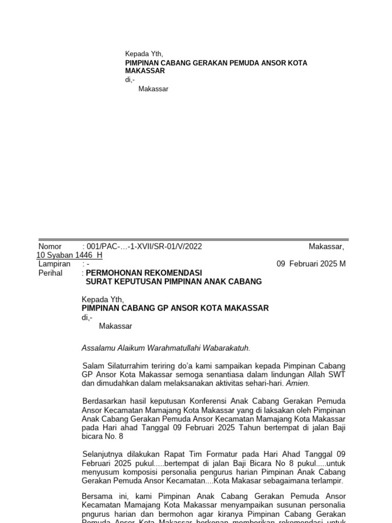 Surat Pengajuan SK Pac GP Ansor Kecamatan | PDF