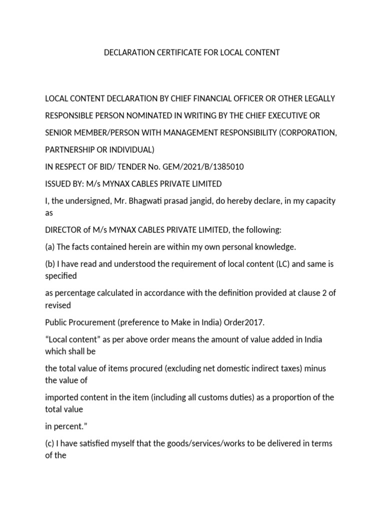 Declaration Certificate For Local Content | PDF | Exchange Rate | Payments