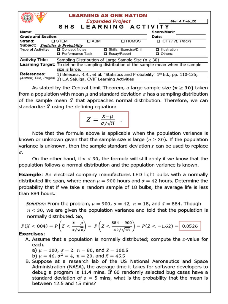 Stat_Prob LAS 20 Sampling Distribution Large Sample Size_n.31 | PDF | Variance | Sampling ...