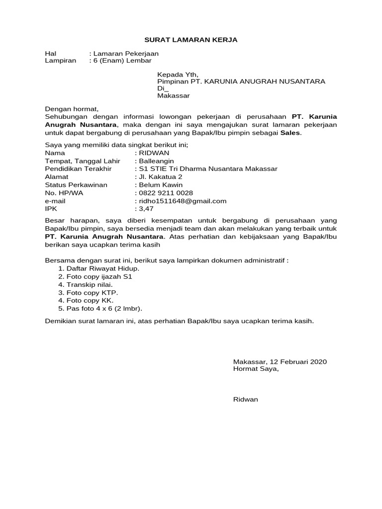 Surat Lamaran Ridho | PDF