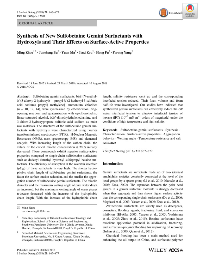 Sulfobetaine Gemini Surfactants | PDF | Surfactant | Adsorption