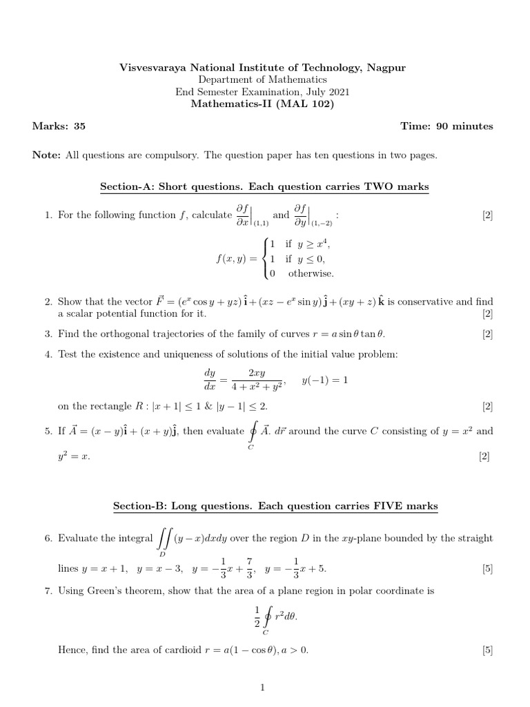 End Sem Question Paper MAL102 SET 1 | PDF | Algebra | Linear Algebra