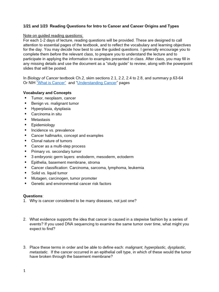 1 - 23 - 25 Reading Questions, Intro To Cancer and Cancer Origins and ...