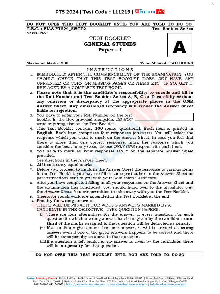 PTS 2024 General Studies Test Booklet | PDF | Quantitative Easing ...