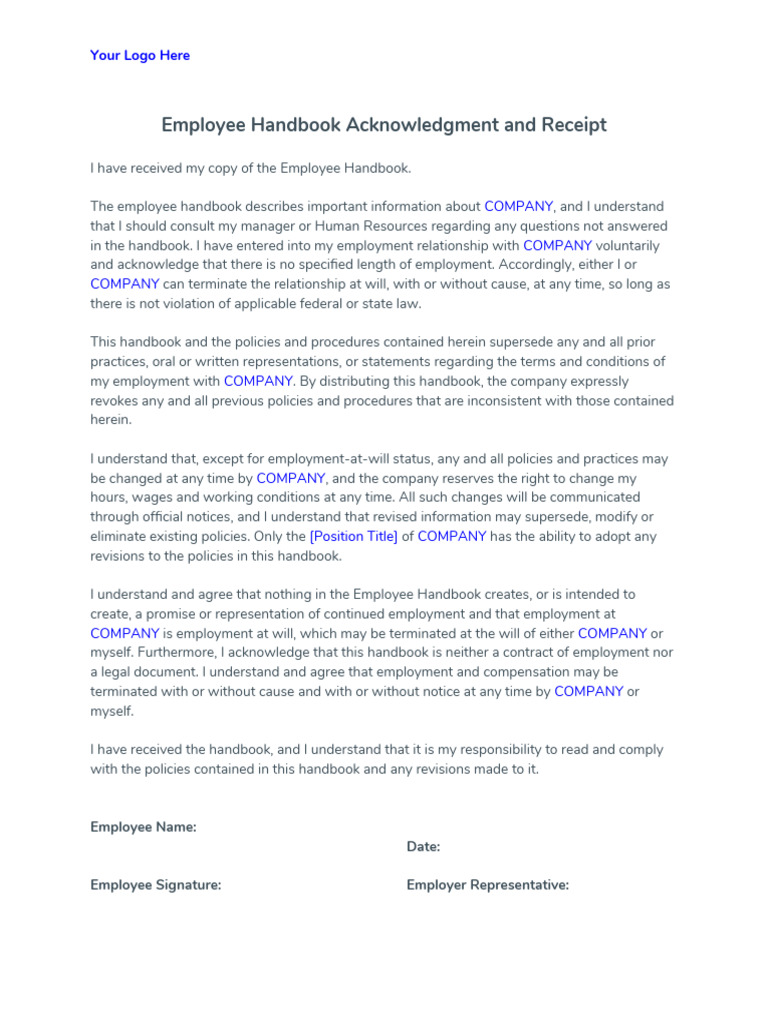 Employee Handbook Acknowledgement Template | PDF
