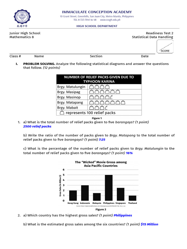 (Answer Key) Set A 2nd Sem Readiness Test 2 - Grade 8 | PDF | Pie Chart