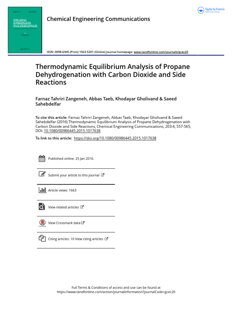 Thermodynamic Equilibrium Analysis of Propane Dehydrogenation With ...