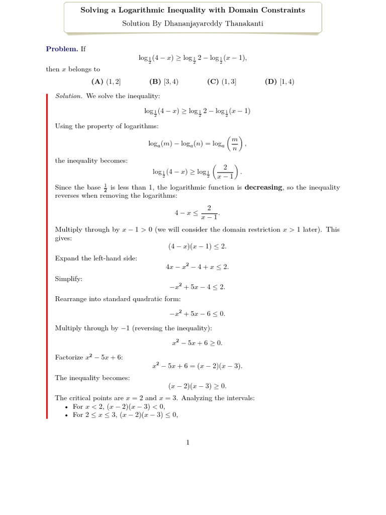 Solving A Logarithmic Inequality With Domain Constraints-1 | PDF | Inequality (Mathematics ...