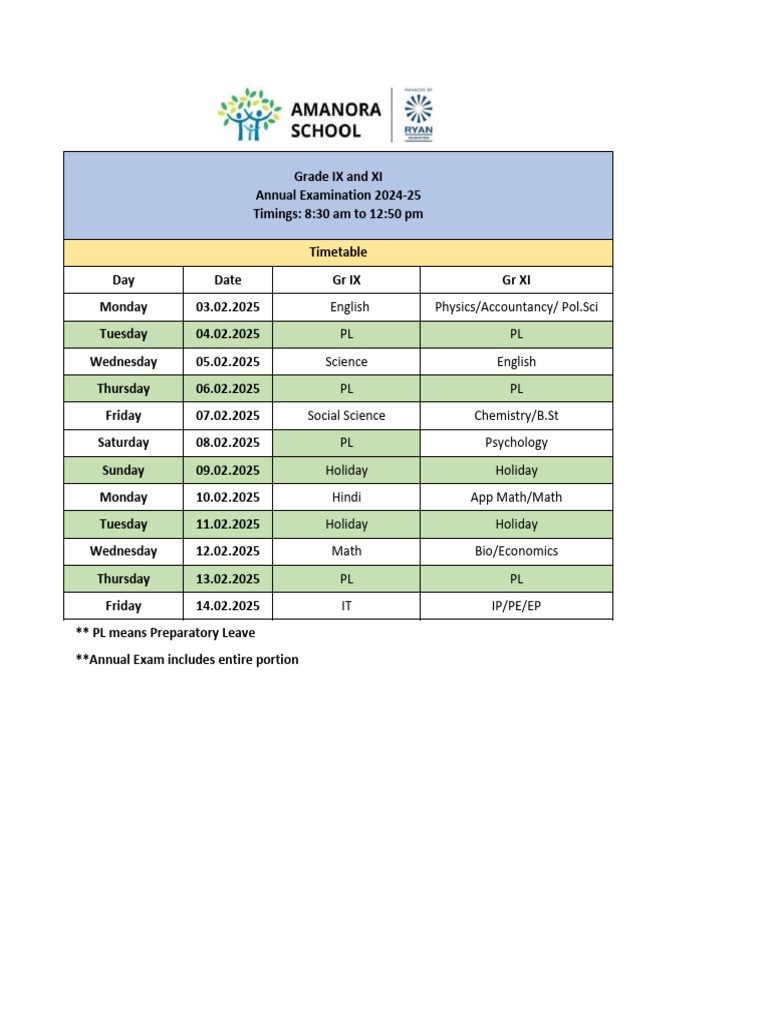 Grade IX and XI - Annual Exam Time Table | PDF