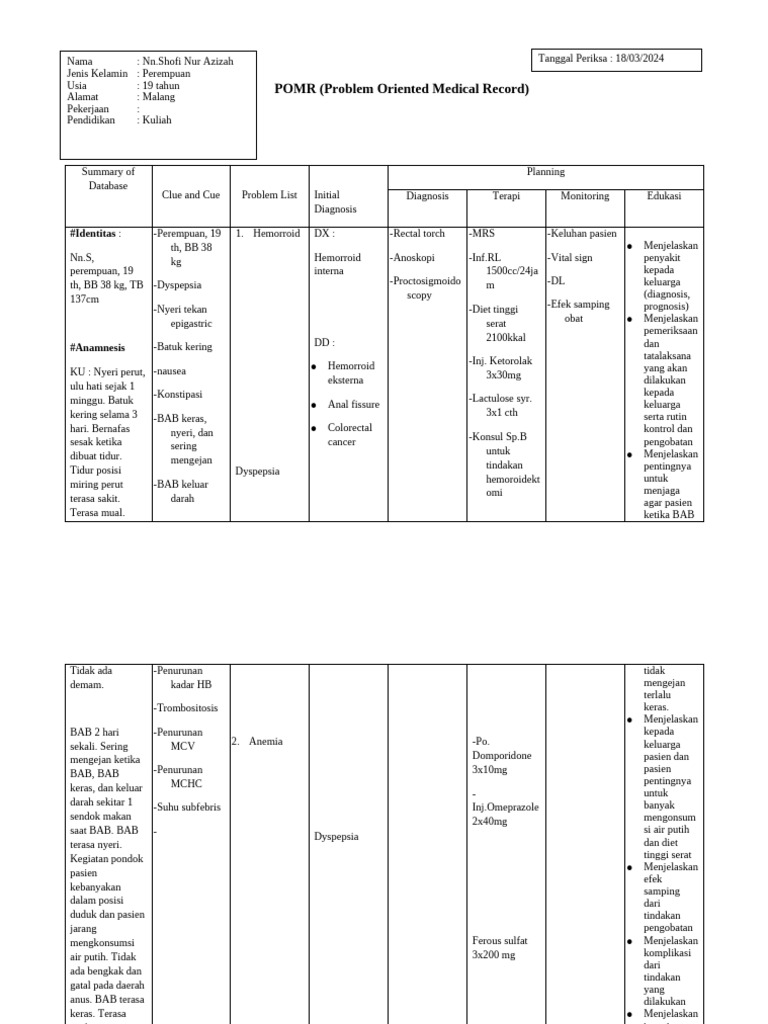 POMR Stase Bedah Hemorroid DR - Udin RSIA | PDF