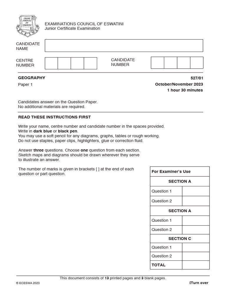 Eswatini Junior Certificate Geography Exam | PDF | Agriculture | Food ...