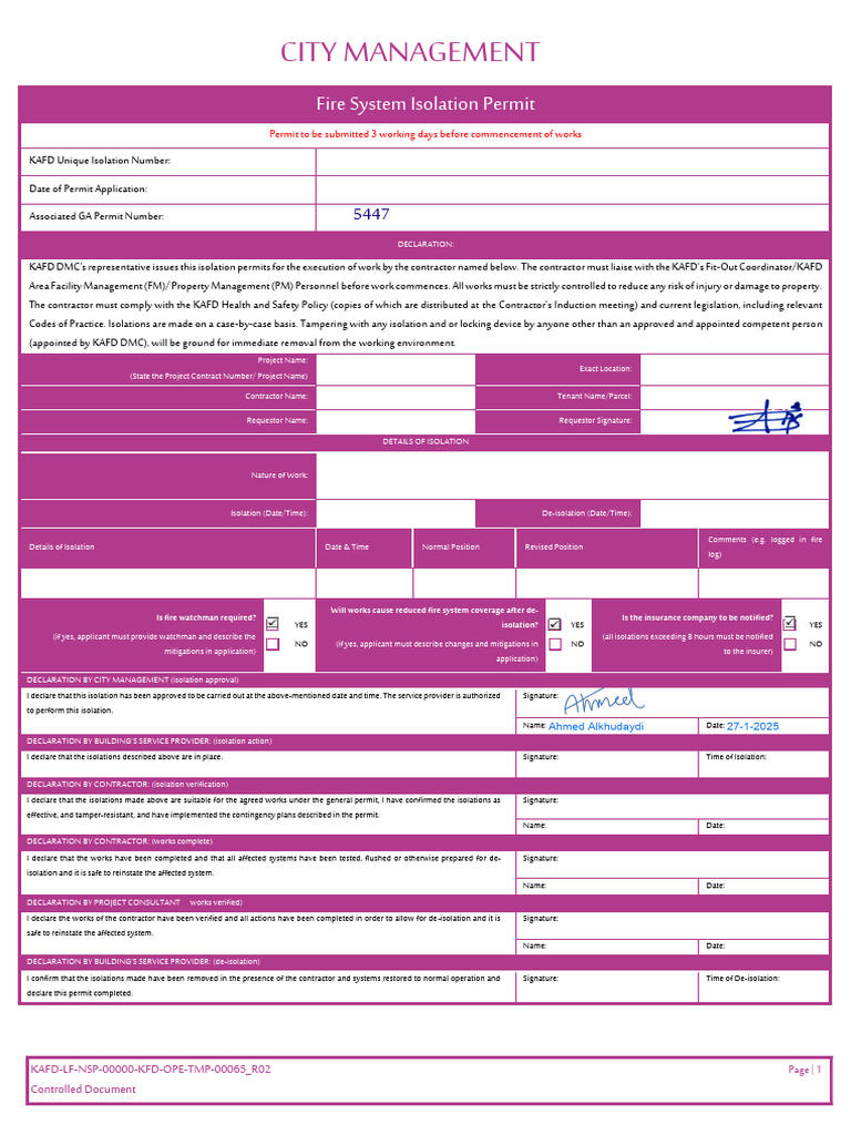 KAFD Fire System Isolation Permit Form | PDF